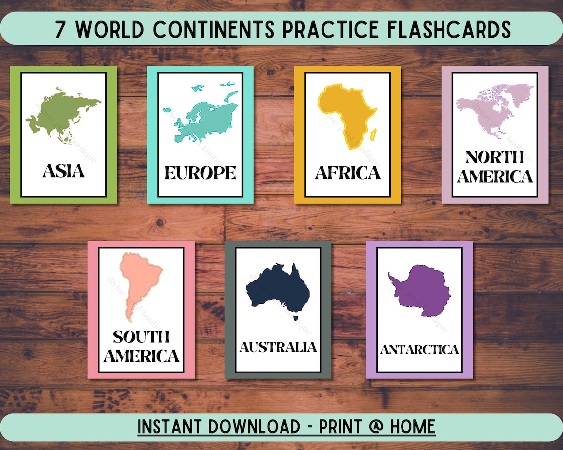 7 World Continents Flashcards, Geography Flashcards DIY, Homeschool ...