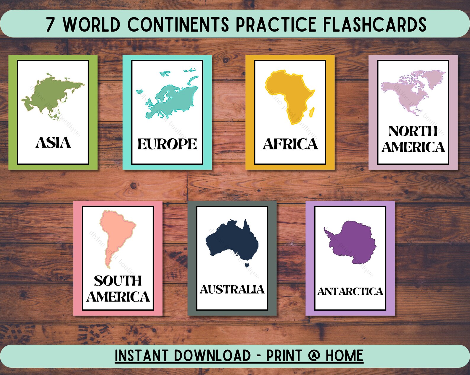 7 World Continents Flashcards, Geography Flashcards DIY, Homeschool ...