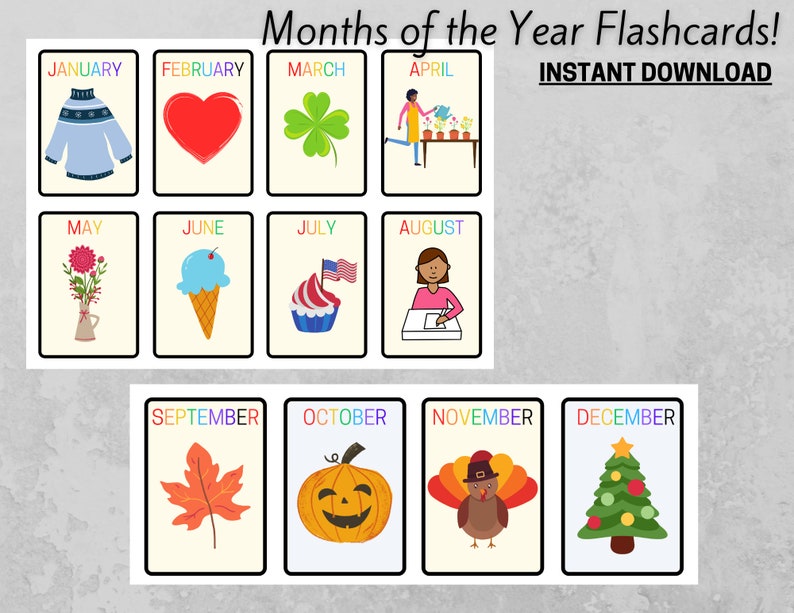 Months of the Year Flashcards, Pre-k Flashcard Activity, Homeschool ...