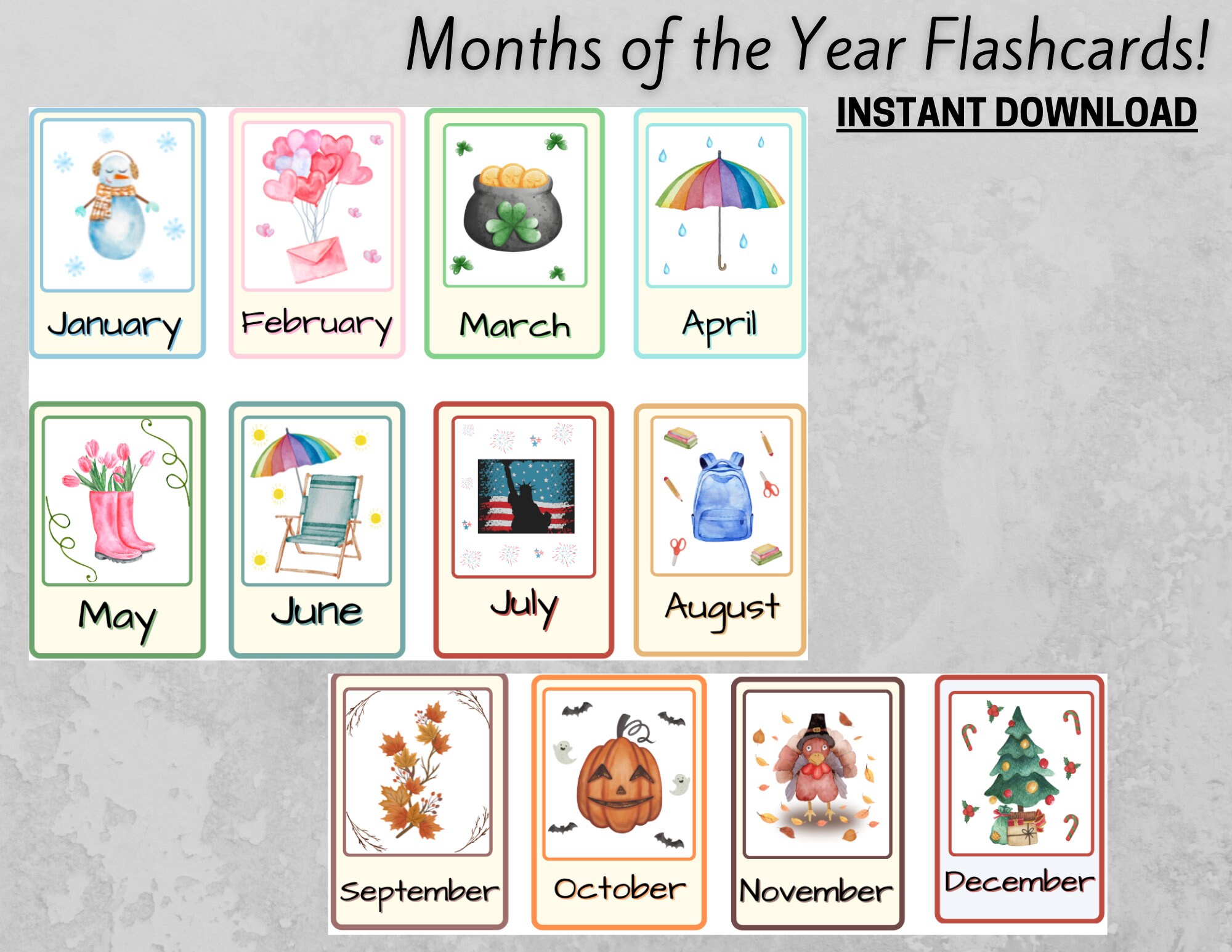 Digital Download Months of the Year Flashcards, Pre-k Flashcard ...