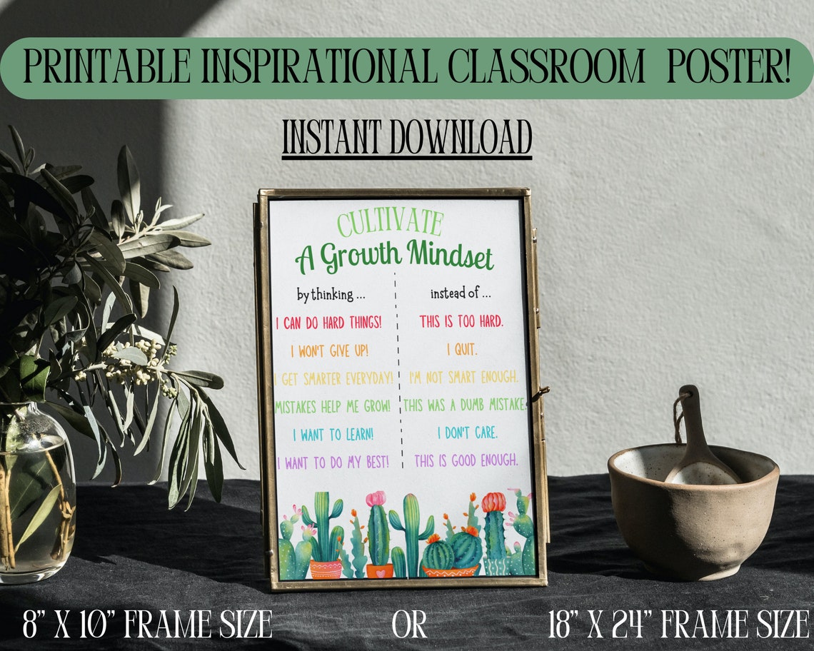 Printable Inspirational Classroom Poster, DIY Growth Mindset Mental ...