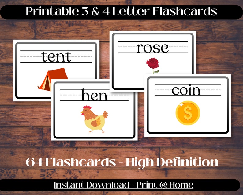 Printable 3 & 4 Letter Flashcards, Homeschool Spellings, Pre-k Phonetic ...