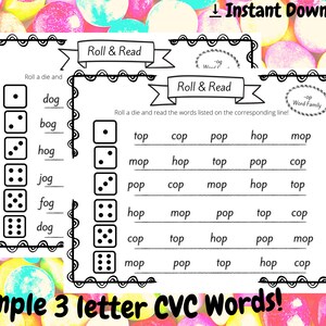 Kindergarten Roll & Read, Preschool Word Families, Phonics, ELA, Word ...