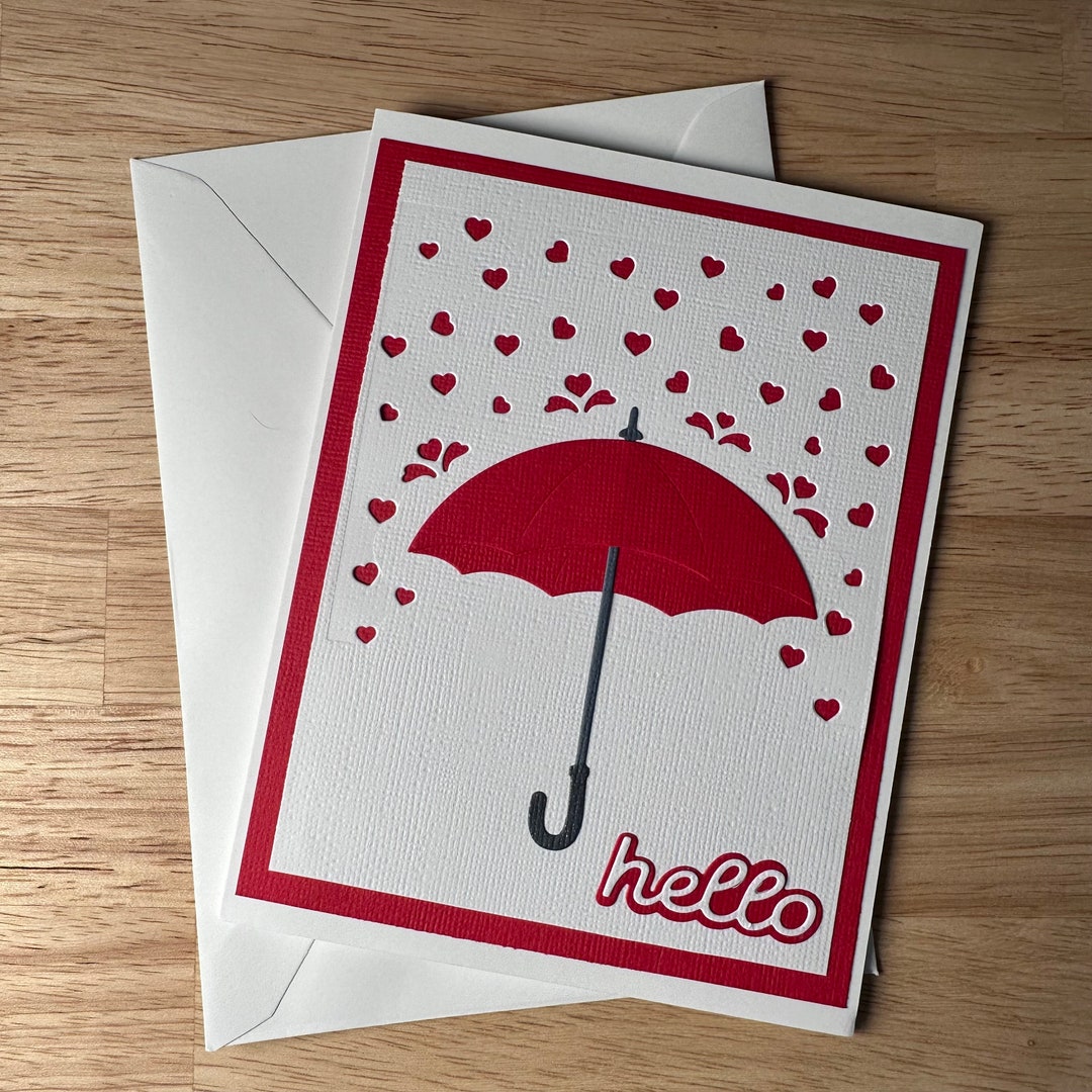 Hello Greeting Card, Umbrella Card, Red and White - Etsy