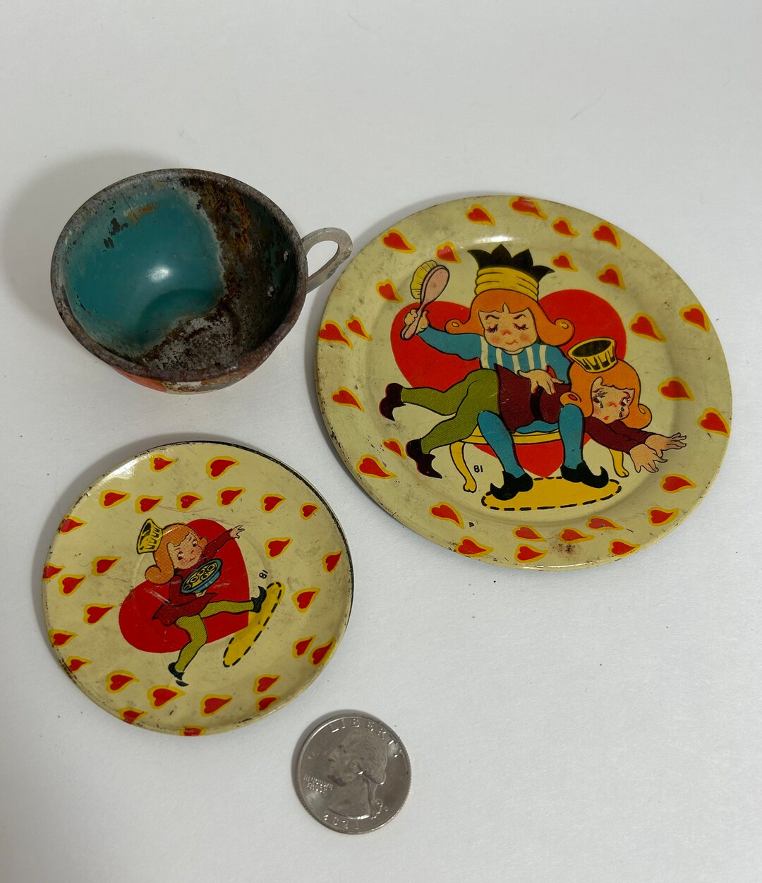 Vintage Ohio Art Miniature Tin Toy Tea Set, Queen of Hearts 3 Pieces ...