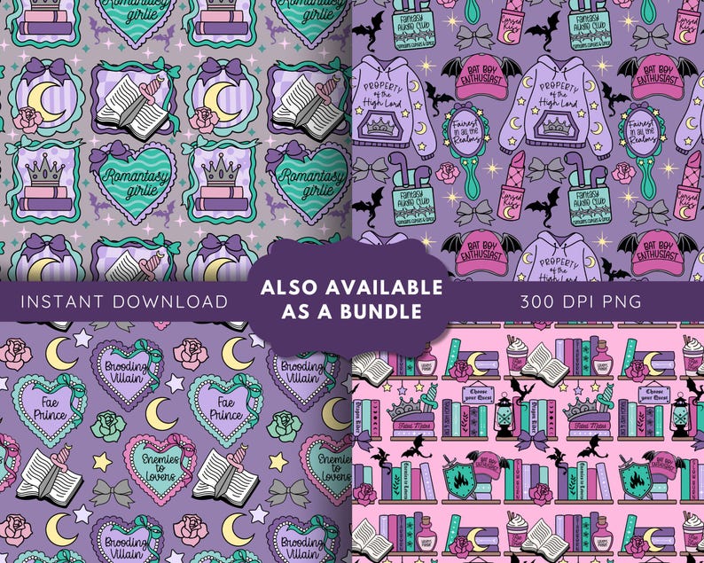 Fantasy Romance Seamless Pattern: Romantasy Png, Bookish Pattern ...