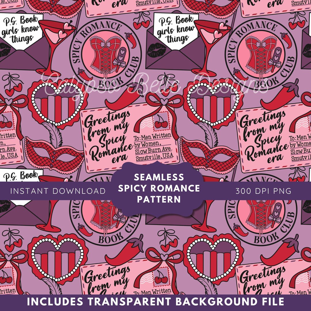 Spicy Romance Seamless Pattern: Retro Smut Romance Png, Bookish Pattern ...
