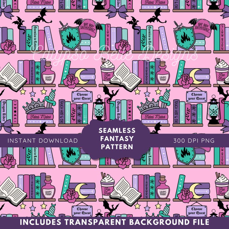 Fantasy Romance Seamless Pattern: Romantasy Png, Bookish Pattern ...