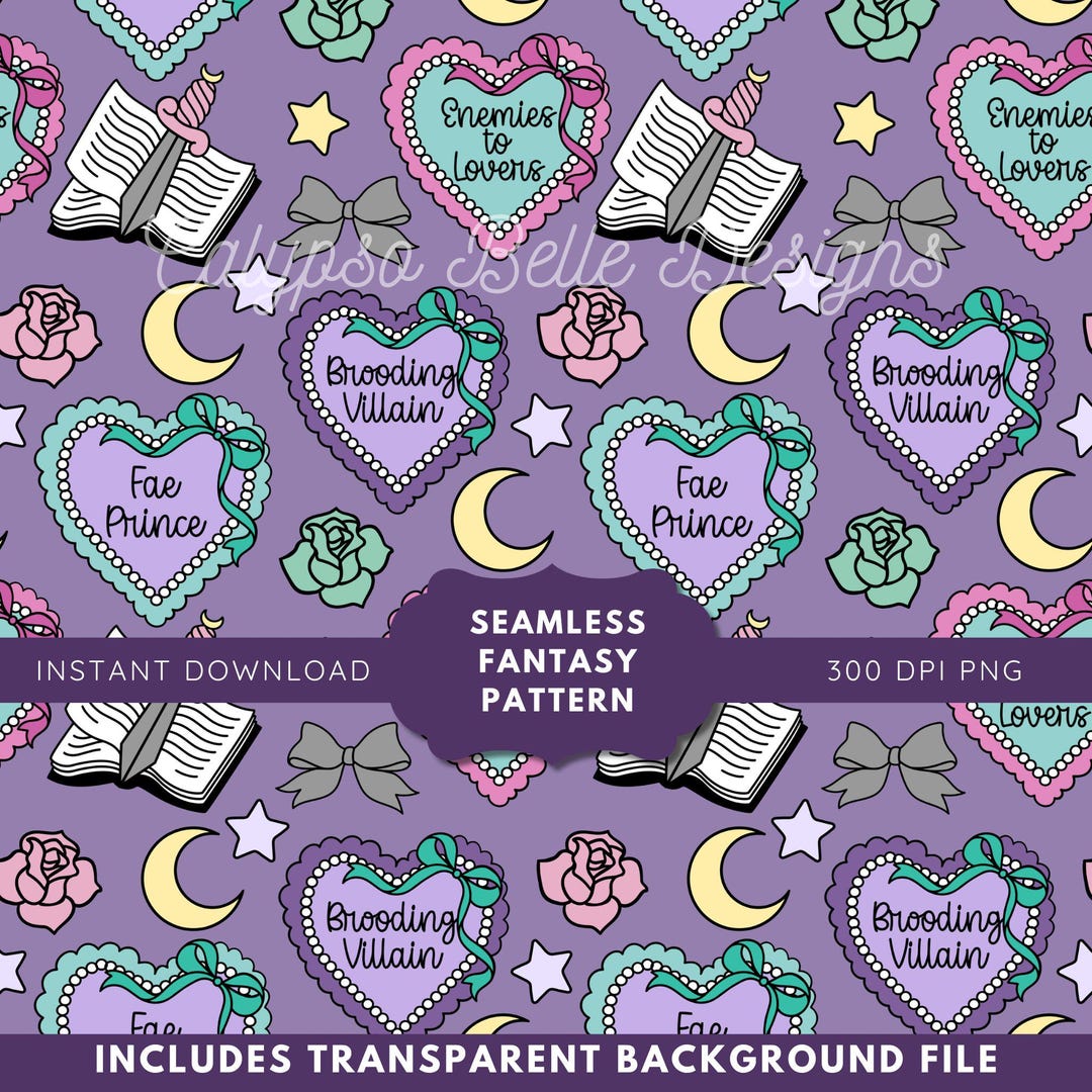 Fantasy Romance Seamless Pattern: Romantasy Png, Bookish Pattern ...