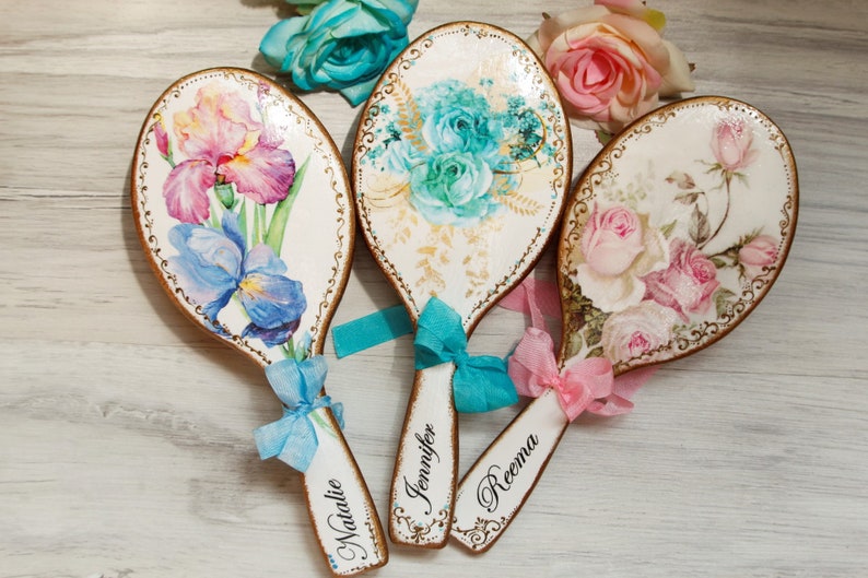 Flowers Hairbrushes Set Blue Pink Roses Brushes Personalized - Etsy