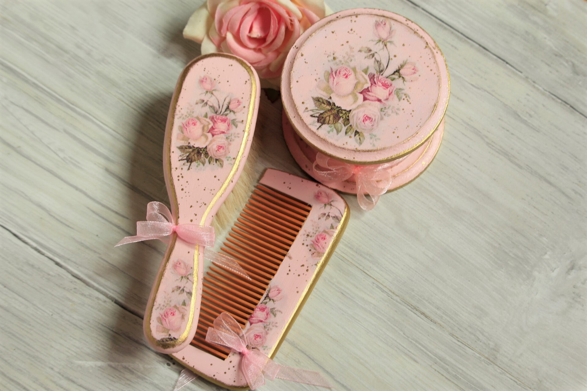 Pink Baby Set Baby Girl Hairbrushes Comb Pink Roses Box - Etsy