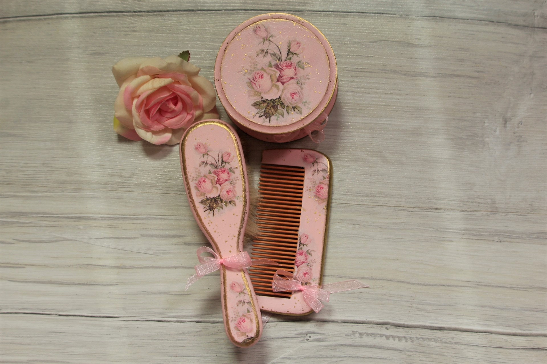 Pink Baby Set Baby Girl Hairbrushes Comb Pink Roses Box - Etsy
