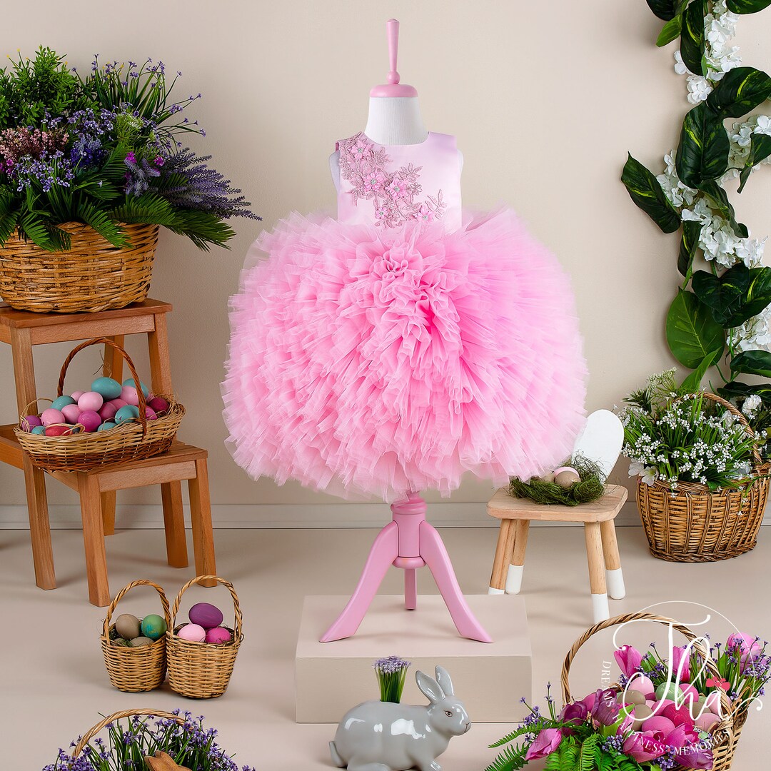 Fairy-tale Easter Outfit for Girl, Pink Floral Easter Dress, Princess ...