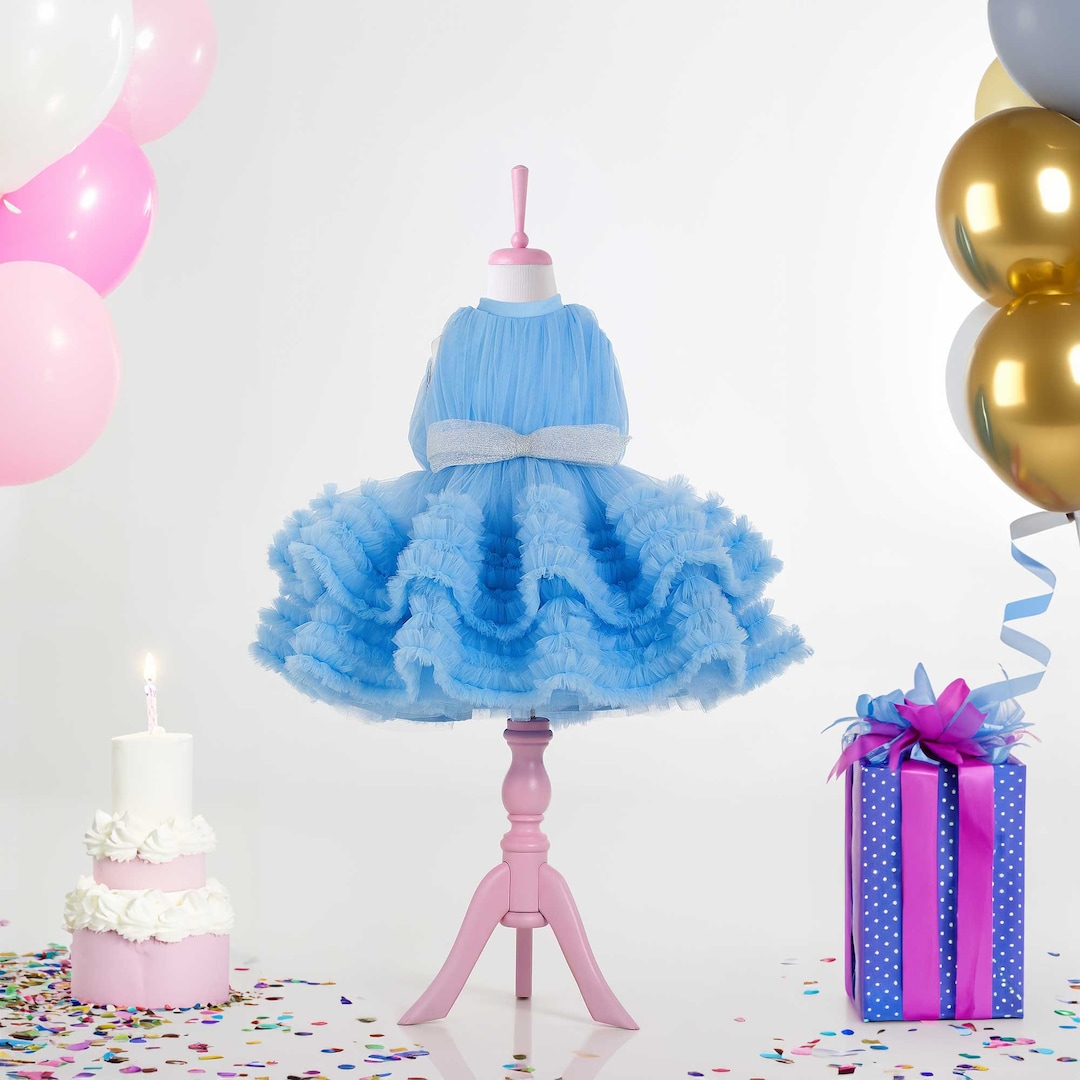 Sky Blue Birthday Girl Dress, Elegance Birthday Dress, Toddler Girl ...