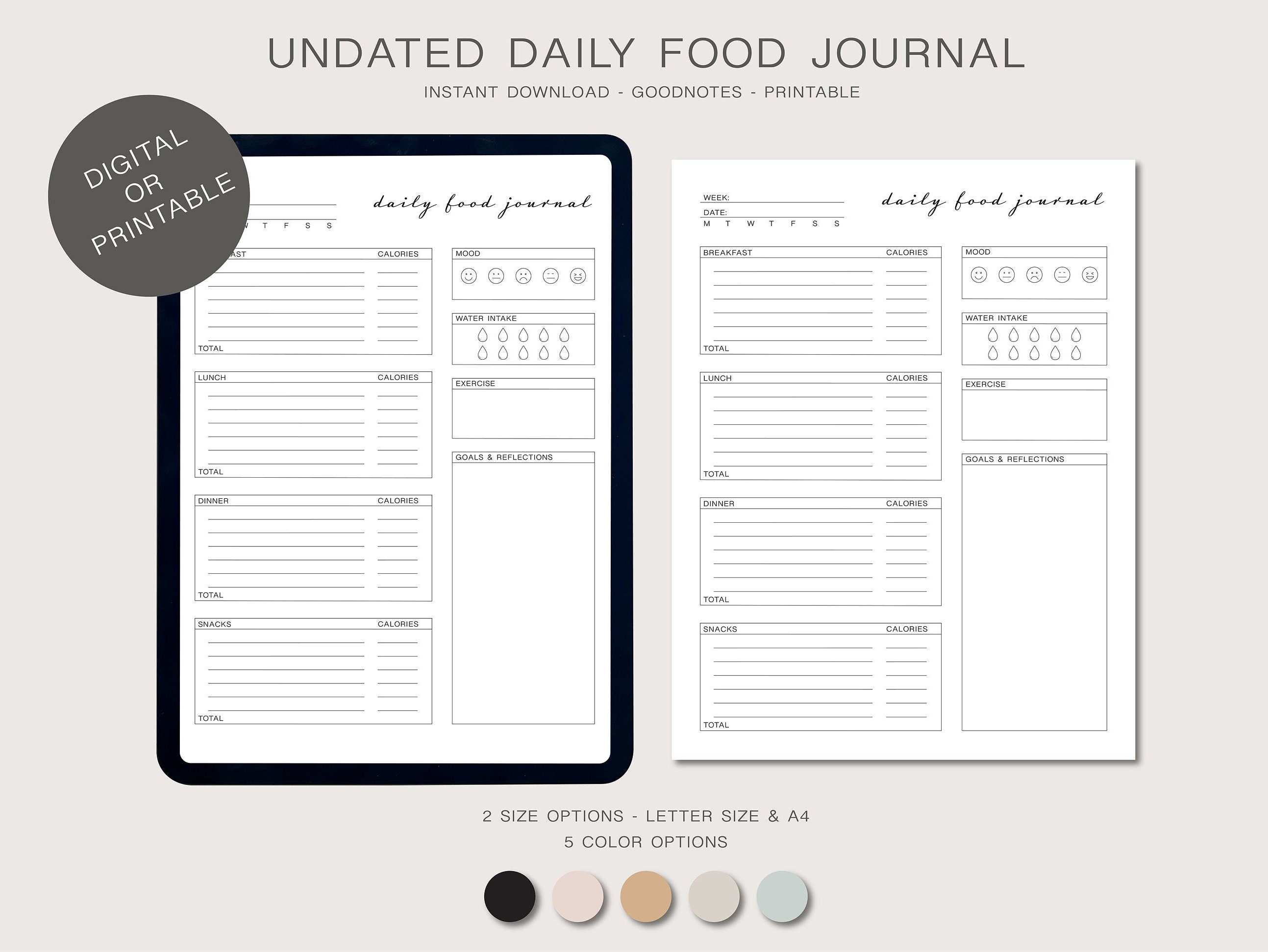 Undated Daily Food Journal. Calorie Tracker. Printable or - Etsy