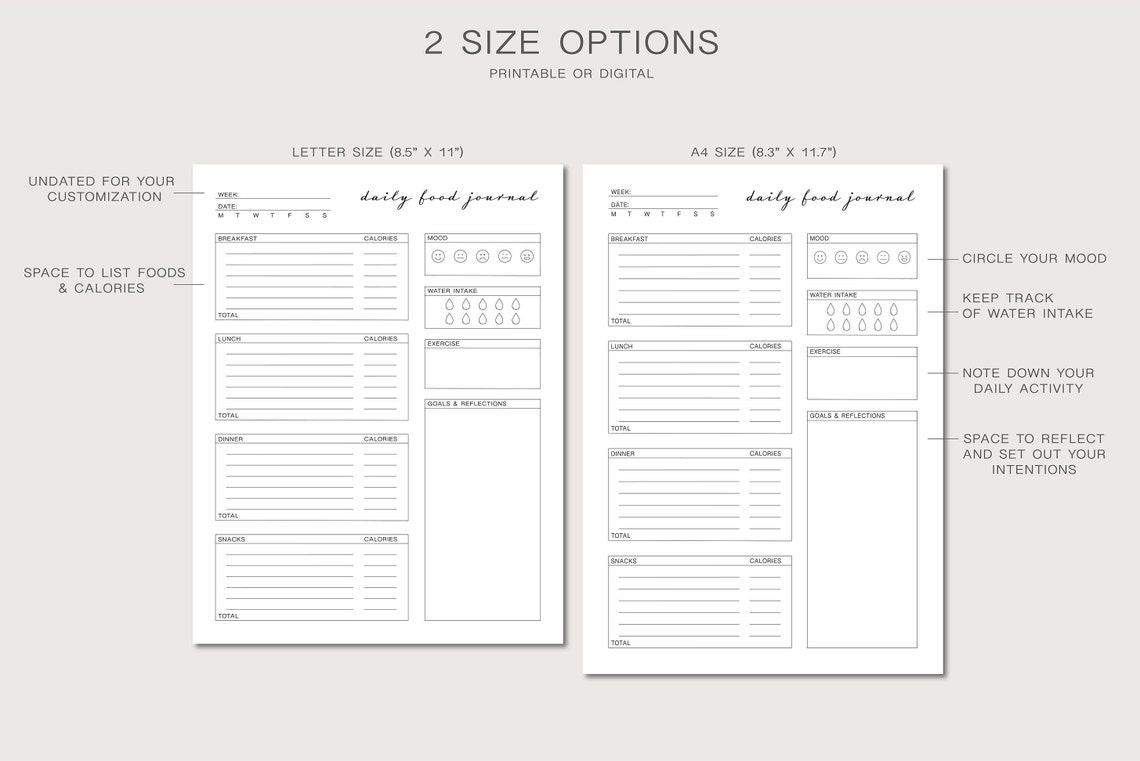 Undated Daily Food Journal. Calorie Tracker. Printable or Digital ...