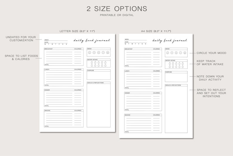 Undated Daily Food Journal. Calorie Tracker. Printable or - Etsy