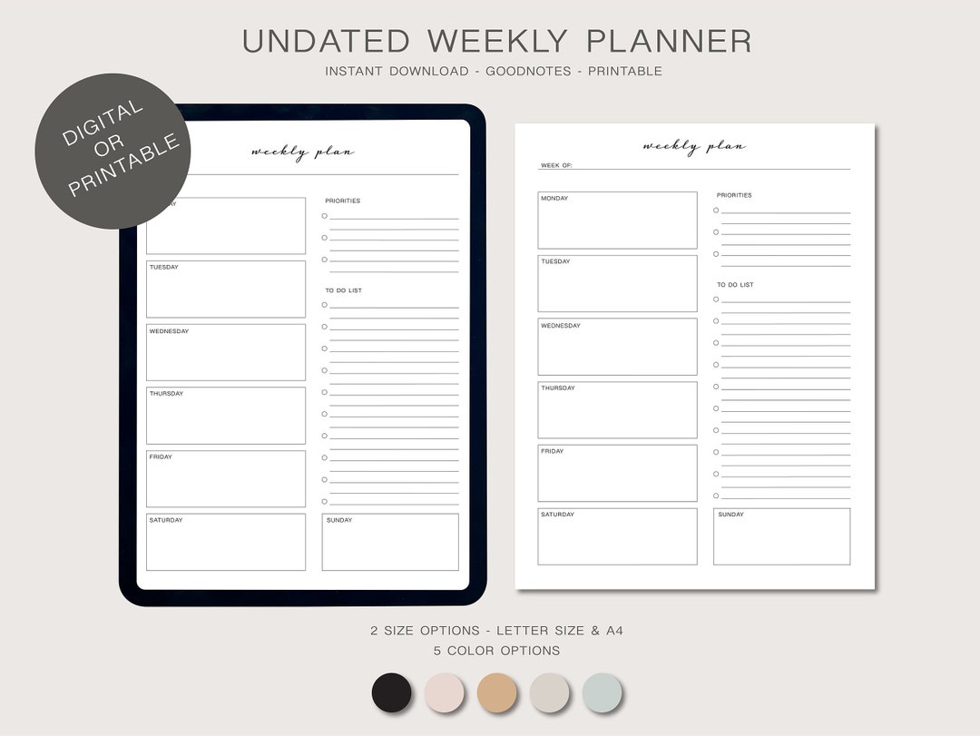 Undated Weekly Planner - Printable or Digital - Goodnotes Template ...