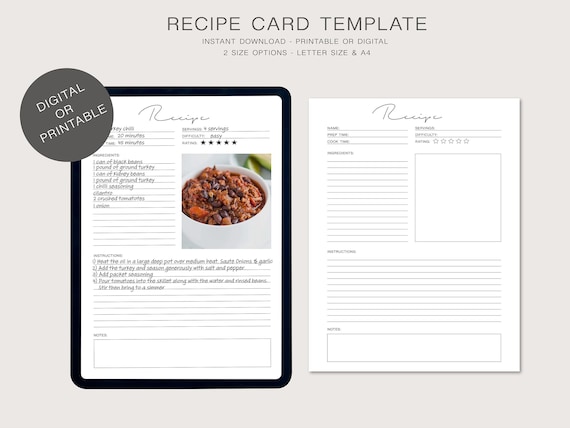 Simple Recipe Card Template Printable or Digital Goodnotes - Etsy