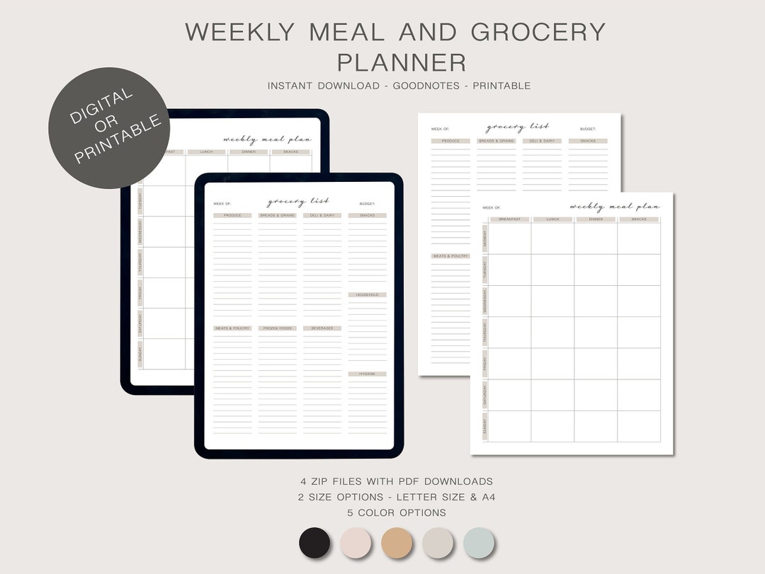 Weekly Meal Planner & Grocery List Bundle - Printable PDF or Digital ...