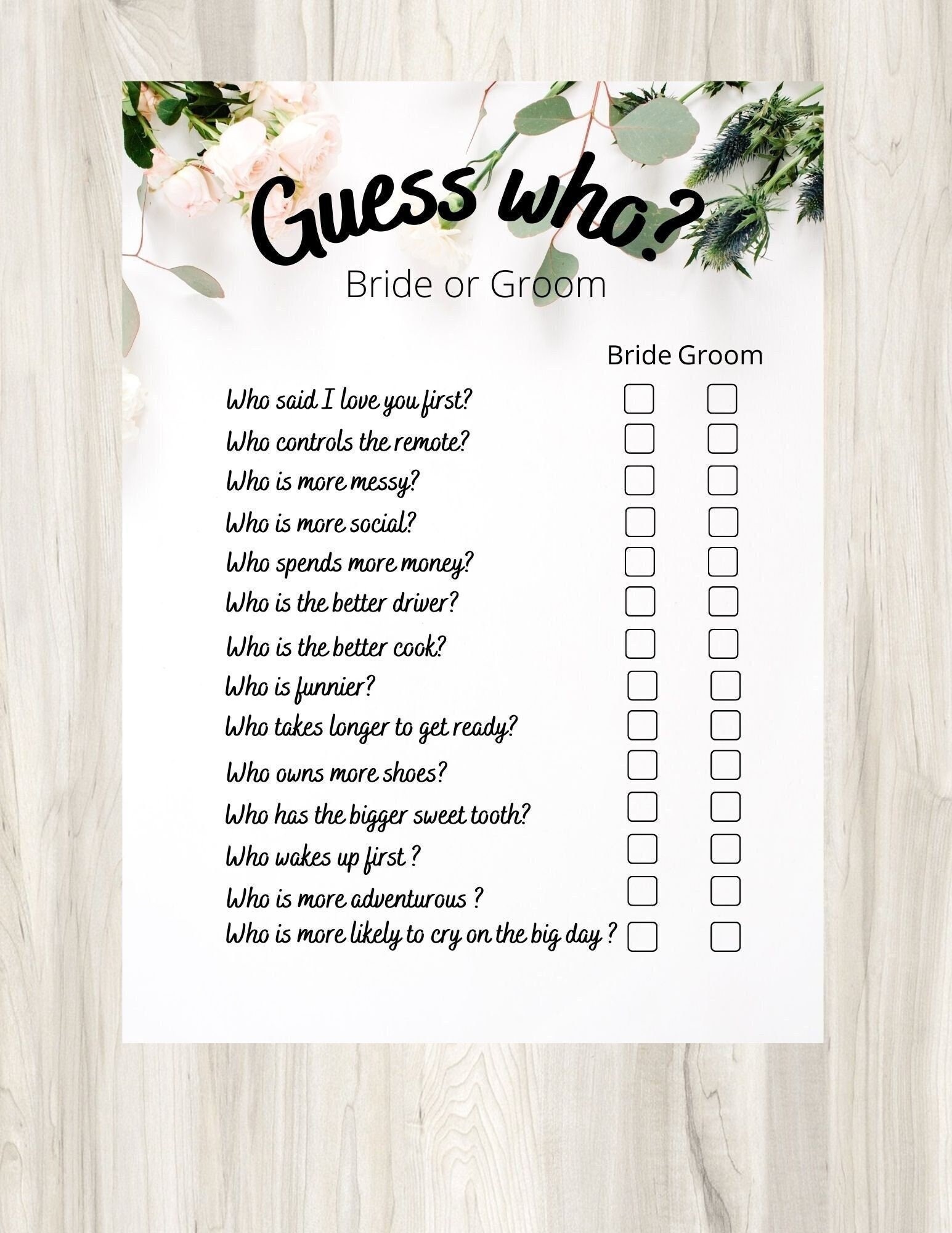 Bridal Shower Game// Guess Who Bride or Groom// Digital Download - Etsy