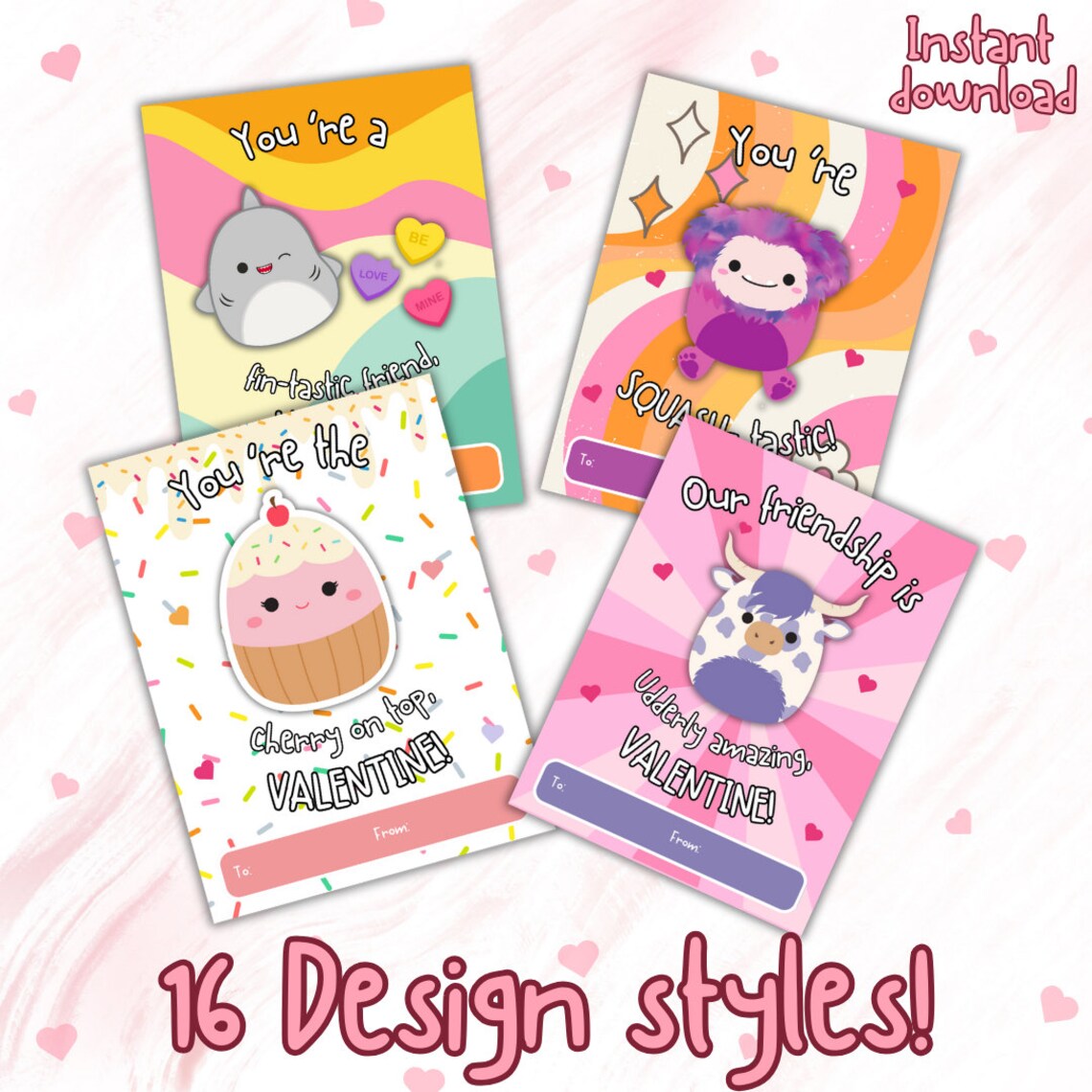 Squish Valentine Cards - Printable - Instant Download - Kids Valentines ...