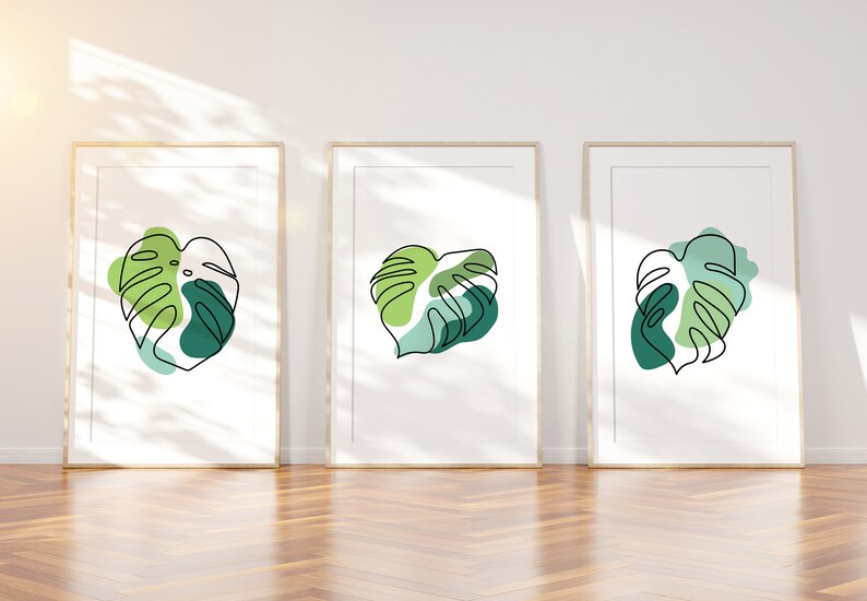 Set of 3 Monstera Line Art | Modern Abstract Wall Decor | Botanical ...