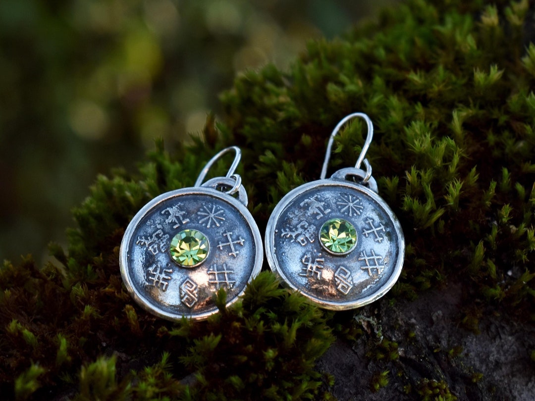 Silver Baltic Protective Sign Earrings With Green Crystal Rhinestones ...