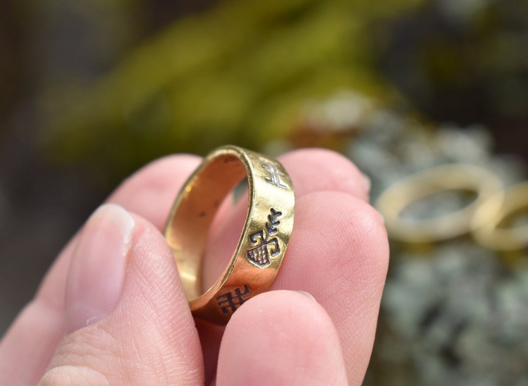 Thick Ancient Symbol Ring in Bronze or Silver, Handmade Simple Band ...