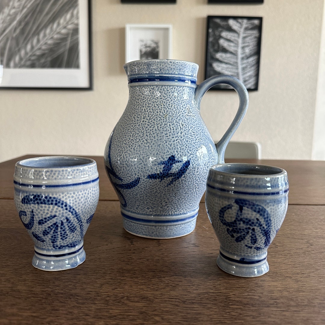 Vintage Salt Glaze German Pottery 1 Liter Pitcher and 2 Cups - Etsy