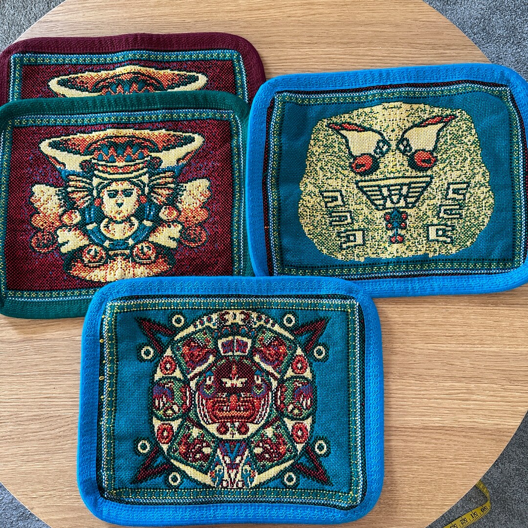 Vintage Woven Fabric Aztec Mayan Calendar Fiber ART Set of 4 - Etsy