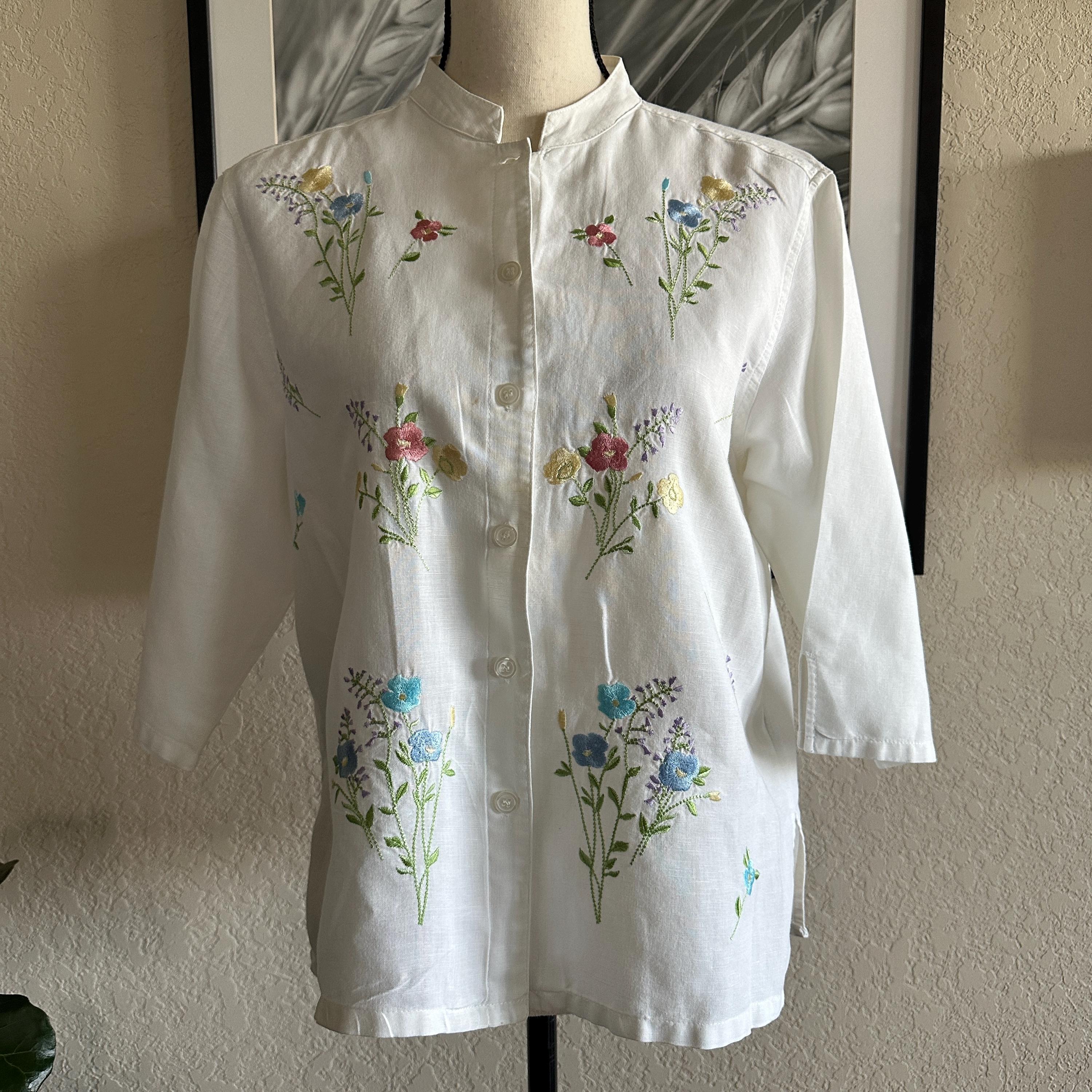 Vintage Linen Blend Blouse: Floral Embroidery, Quarter Sleeves - Etsy