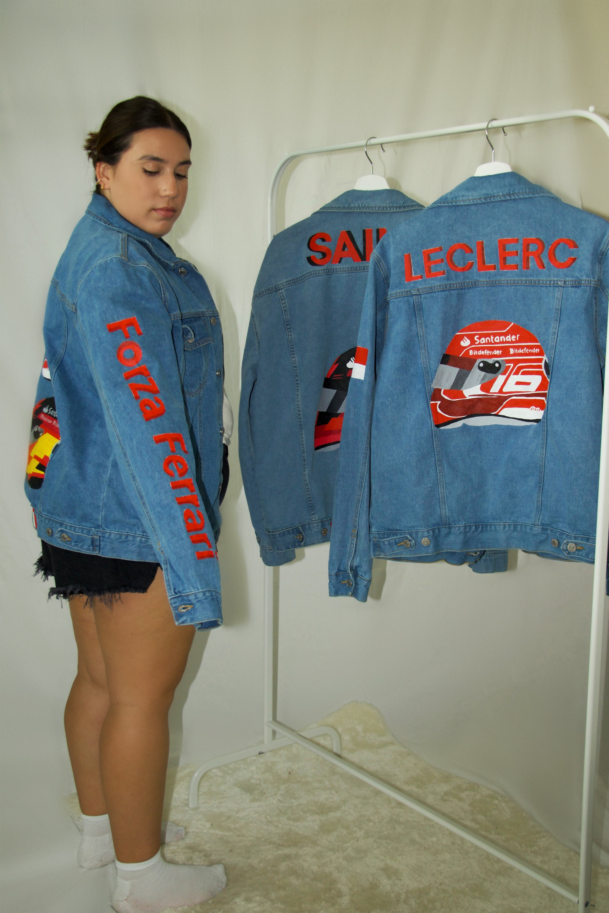 Ferrari Team Jean Jacket, 55 & 16 Jacket, Formula One, Hand Painted ...