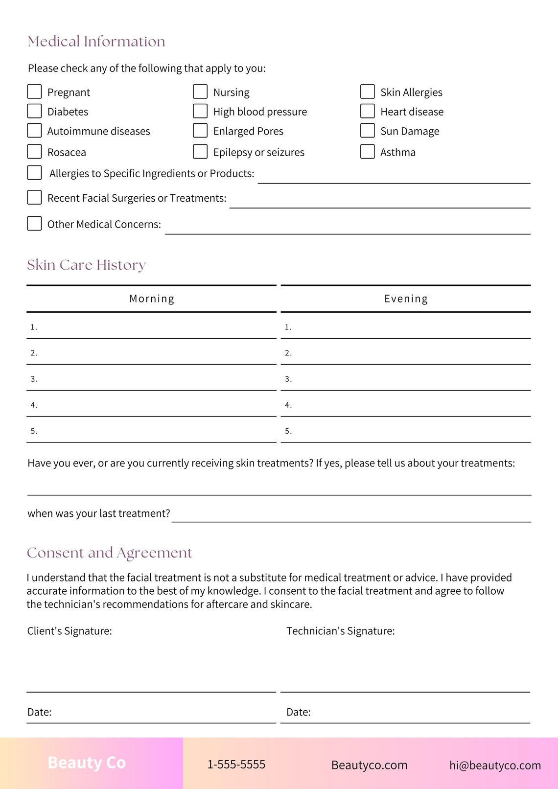 Editable Facial Treatment Client Intake Form - Etsy
