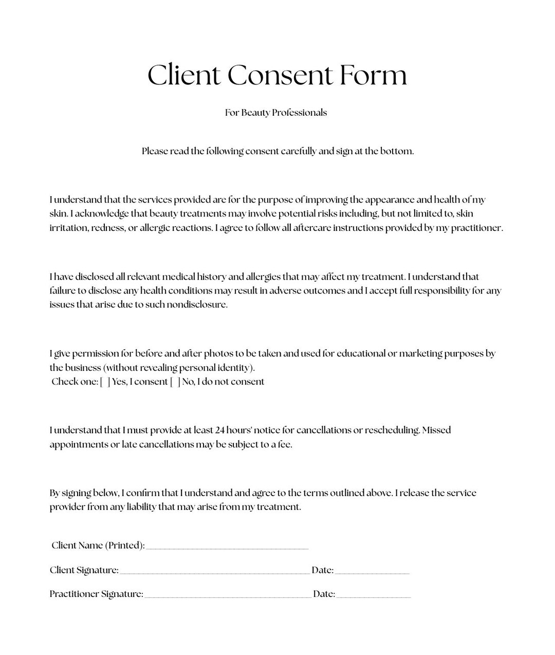 Basic Client Consent Form for Professionals - Etsy