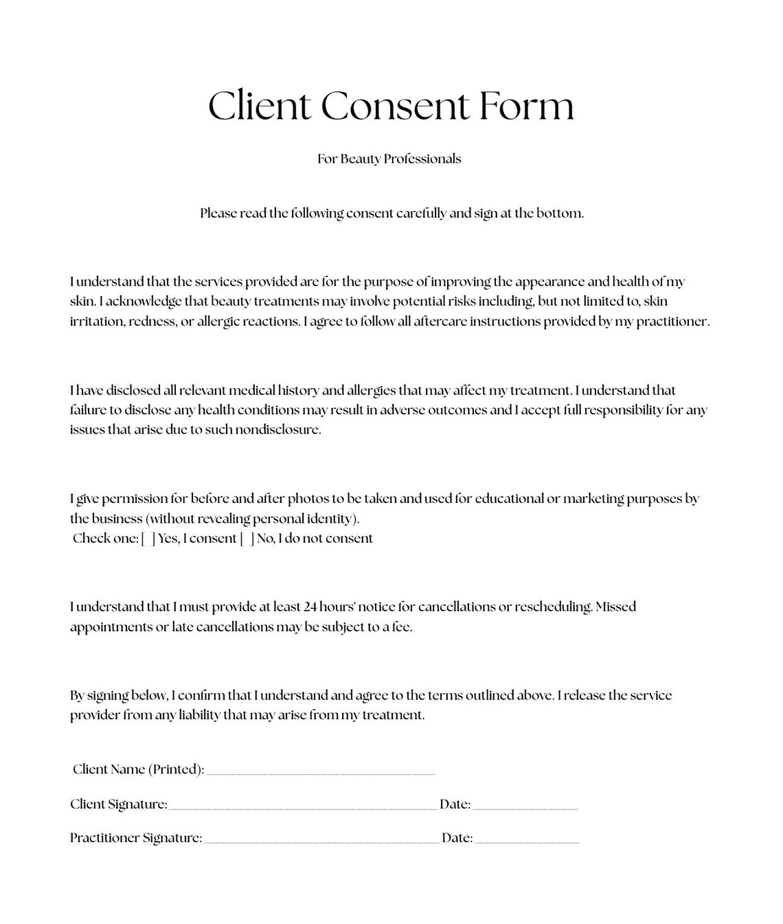 Basic Client Consent Form for Professionals - Etsy