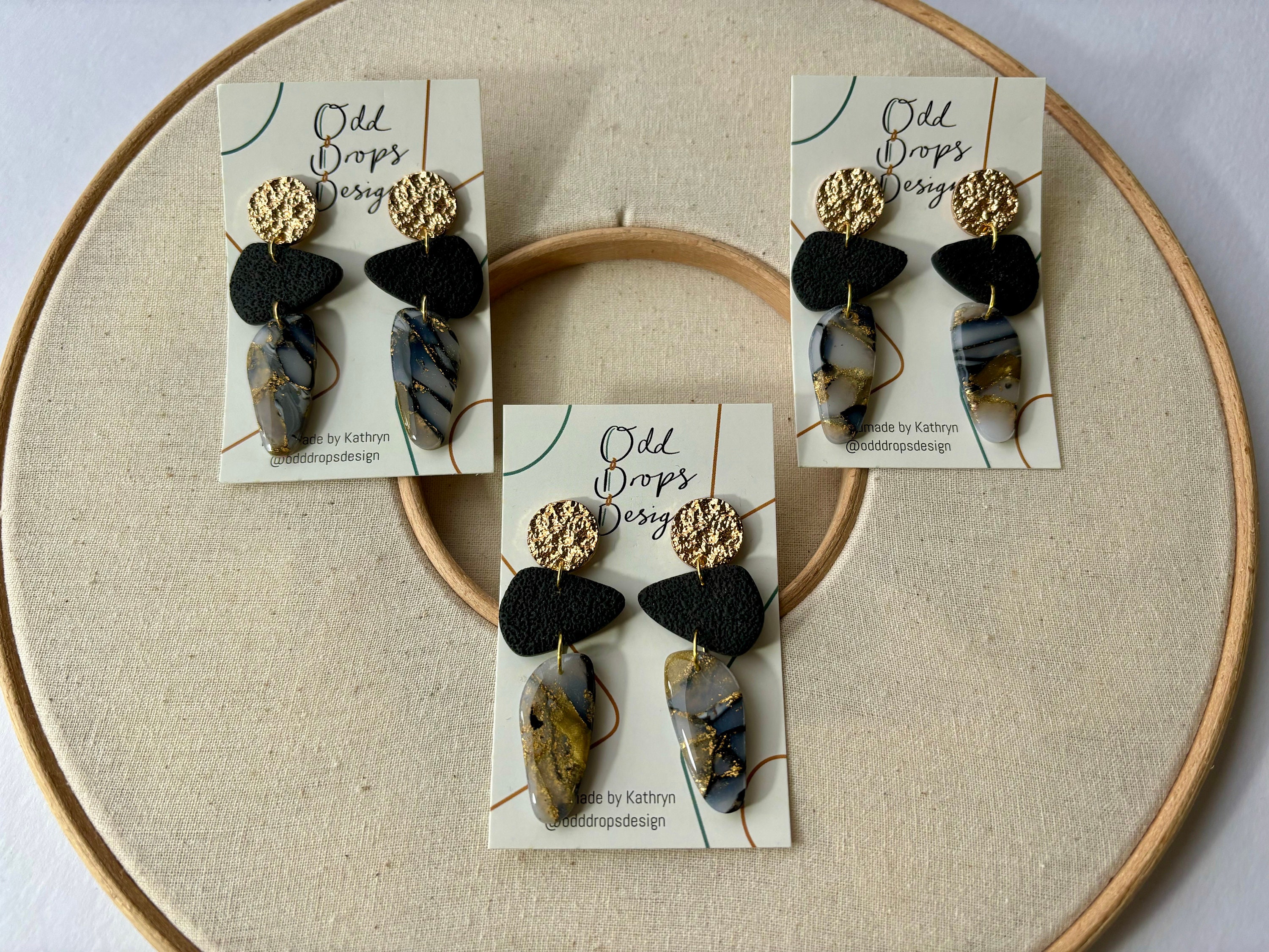 Triple Drop Black and Gold Translucent Stone Effect Earrings Handmade ...