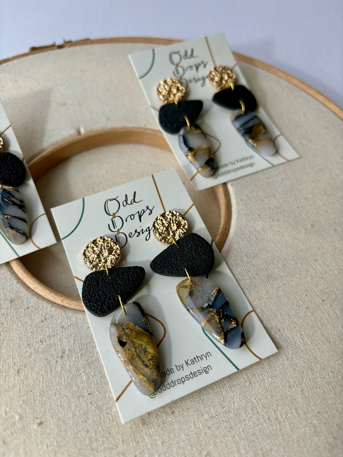 Triple Drop Black and Gold Translucent Stone Effect Earrings Handmade ...