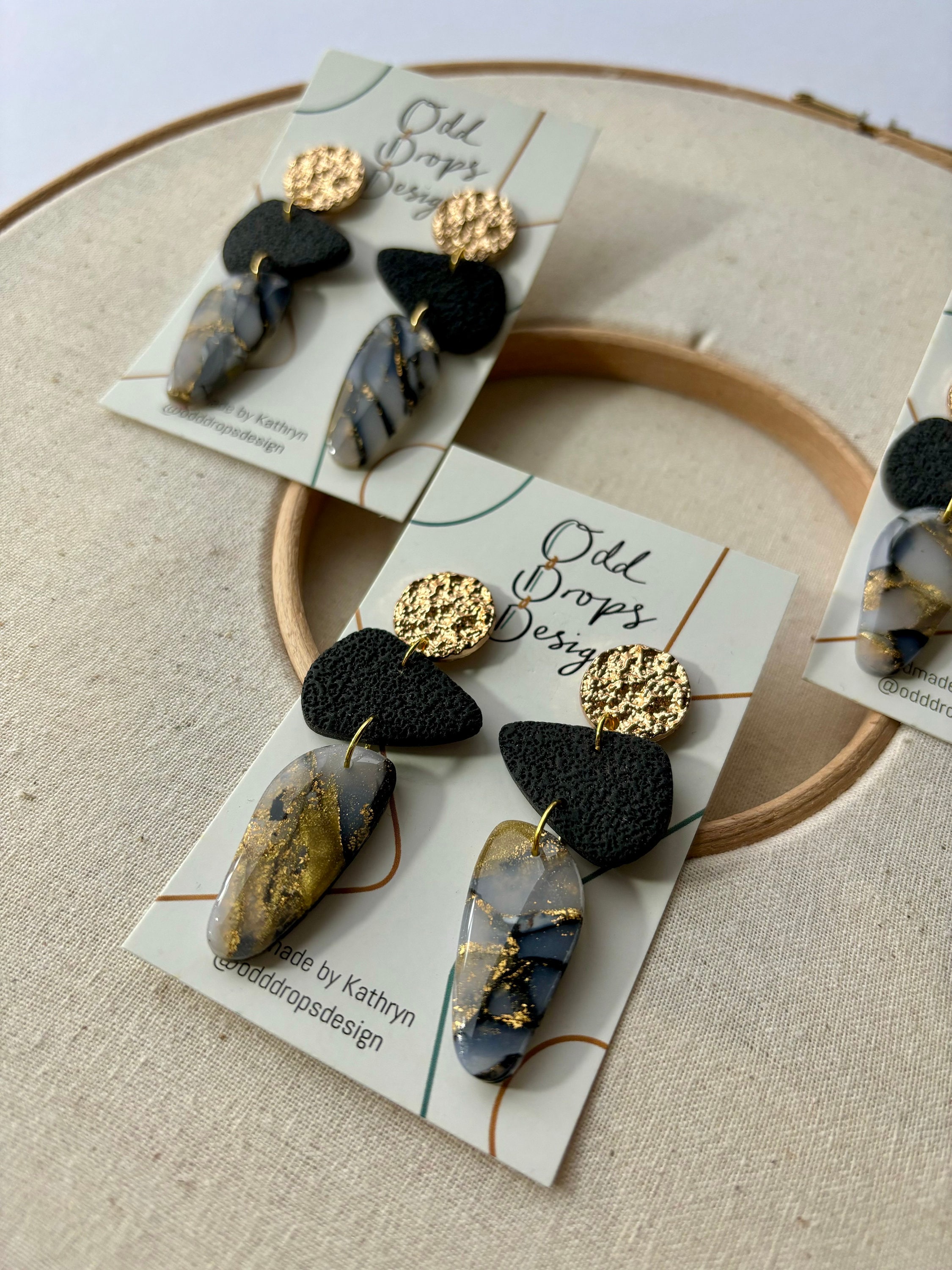 Triple Drop Black and Gold Translucent Stone Effect Earrings Handmade ...