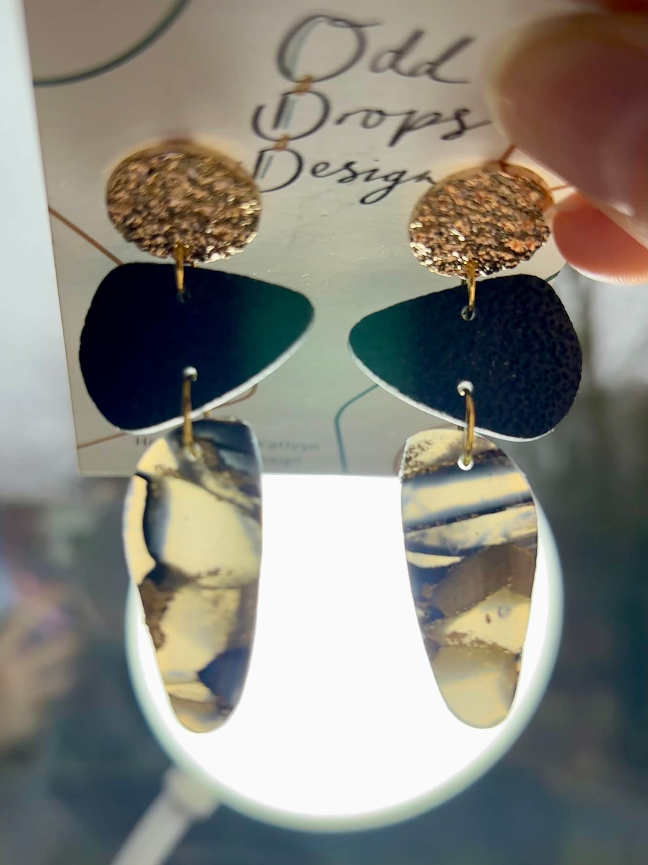 Triple Drop Black and Gold Translucent Stone Effect Earrings Handmade ...