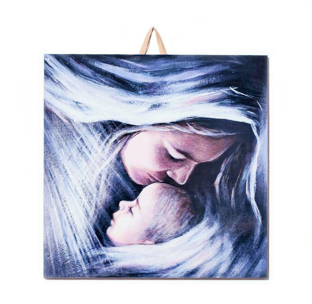 Mother Mary Kissing Baby Jesus Ceramic Tile Icon - Sacred Religious ...