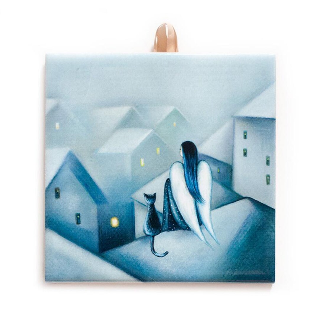 Angel and Cat Overlooking the City Ceramic Tile - Handcrafted Home ...