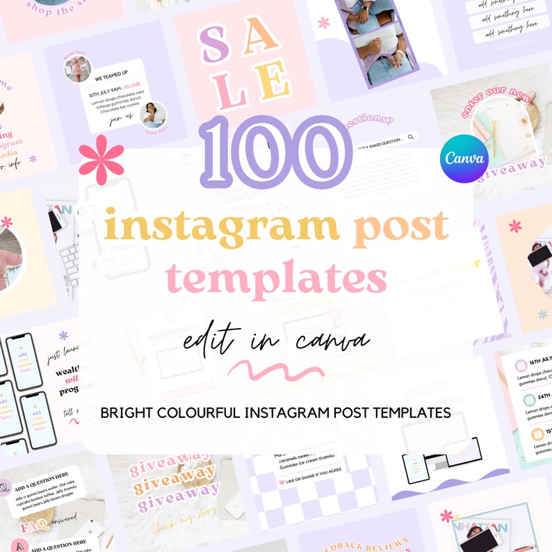 100 Instagram Post Templates Canva, Bright, Colourful Instagram Feed ...