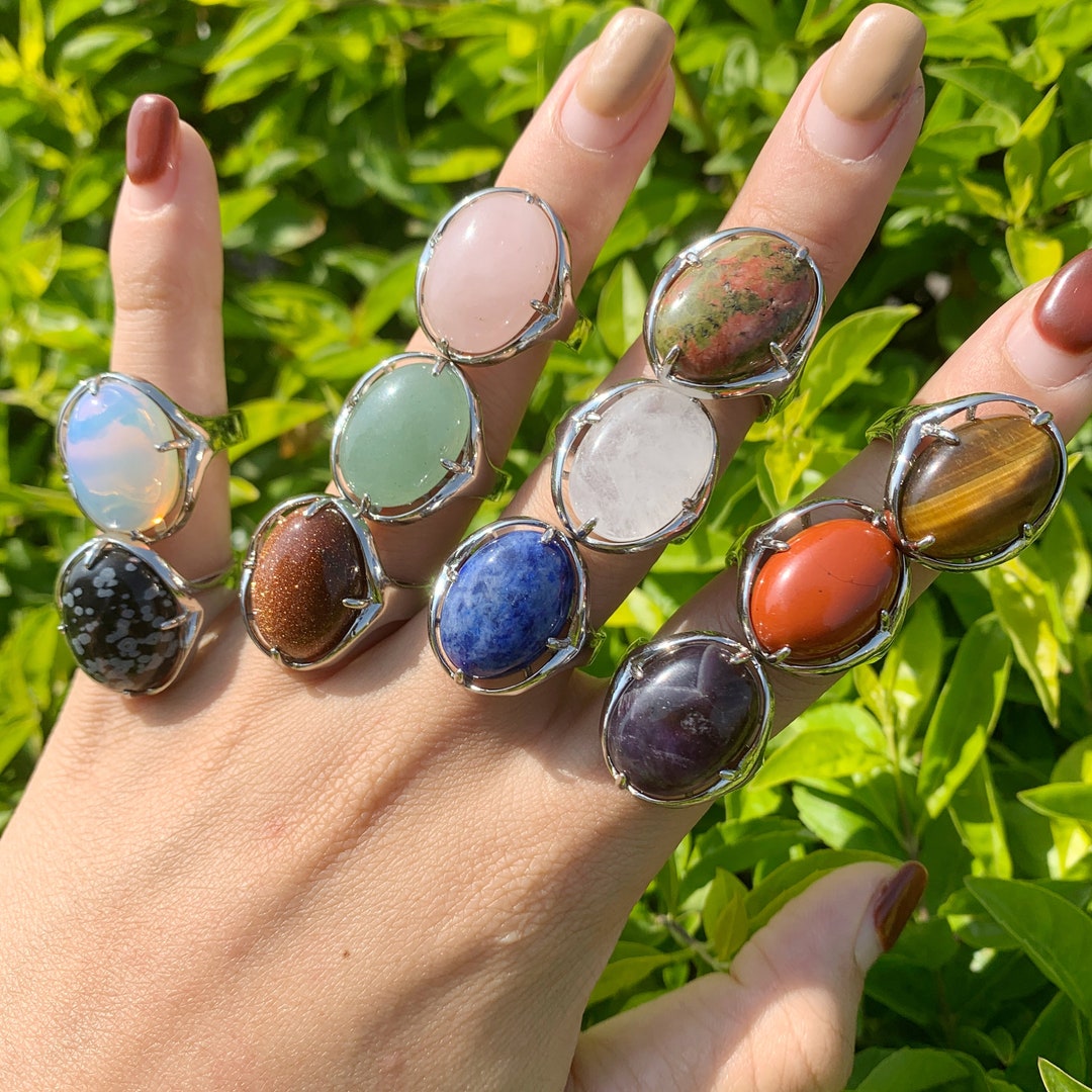 Oval Gemstone Rings, Adjustable Rings, Genuine Crystals Rings, Boho ...