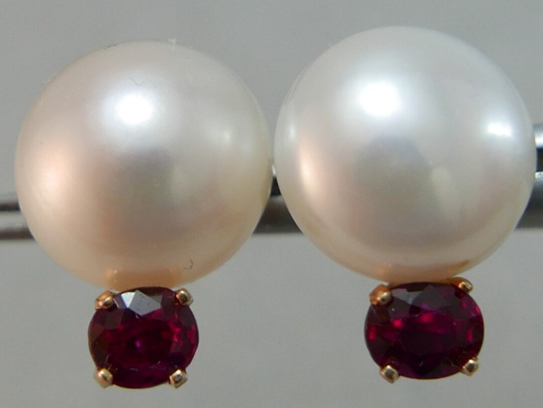 Classic Oval RUBY 11mm White Button PEARL 14k Yellow Gold Stud Earrings ...
