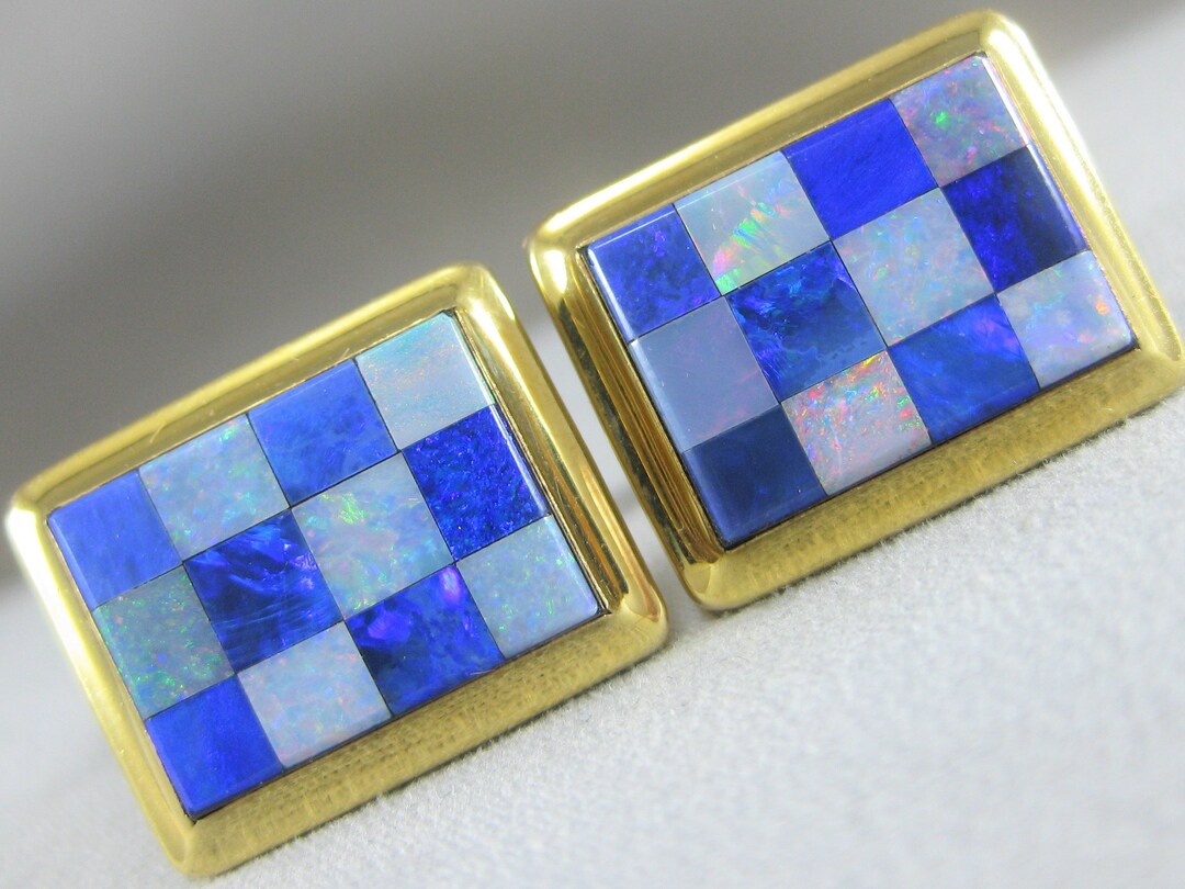Fancy Estate Checkerboard MOSAIC OPAL 14K Yellow Gold Rectangle ...