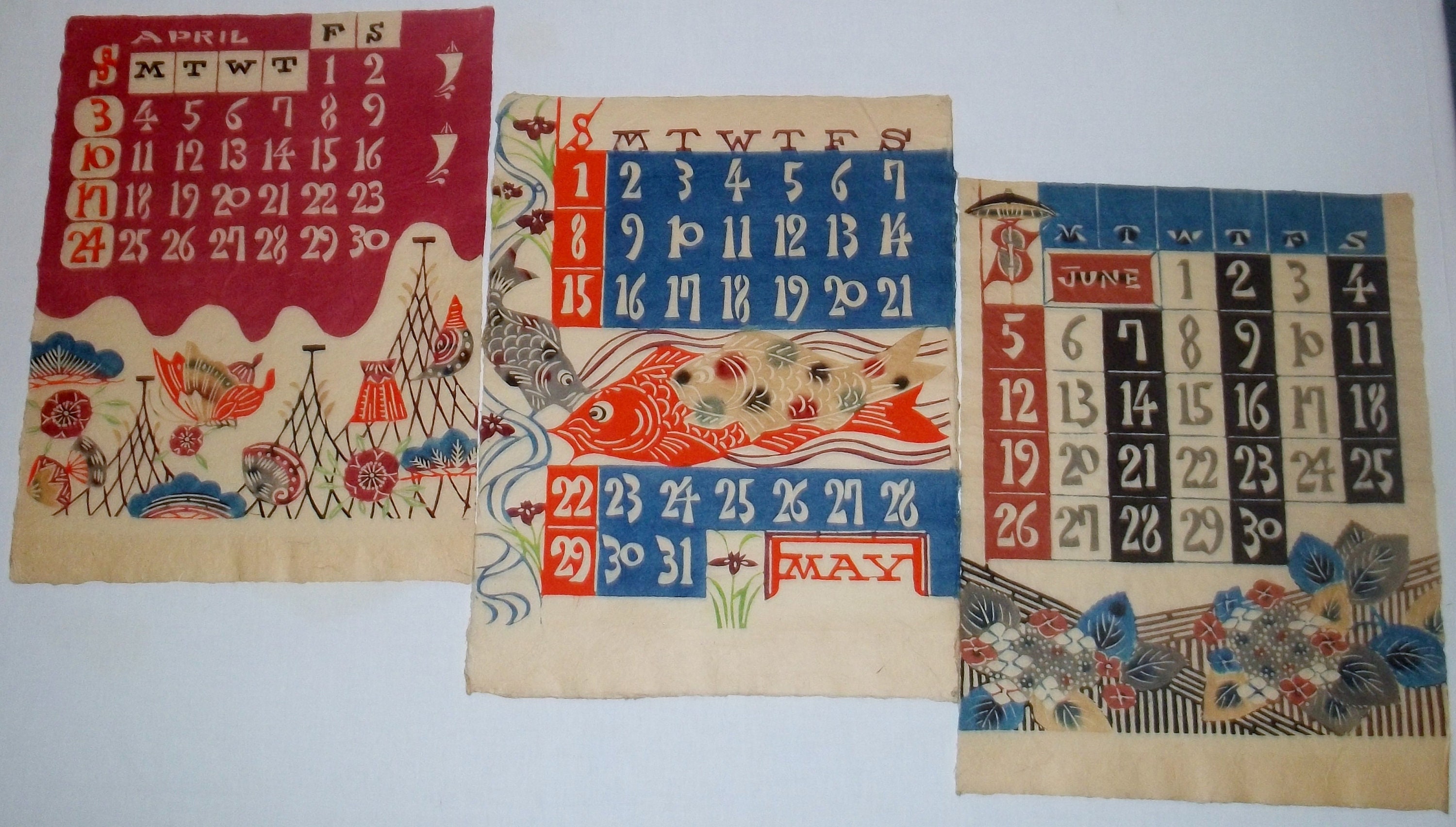 Paper Calendars & Planners Japanese 1955 Calendar Hand Stenciled on ...