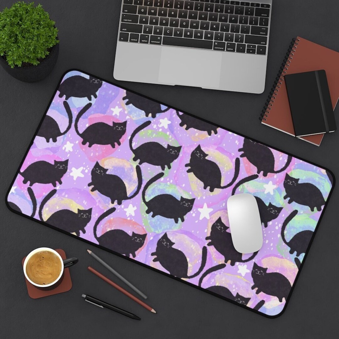Black Cat Desk Mat | Long Desk Pad for Gaming | Home Office Decor Work ...