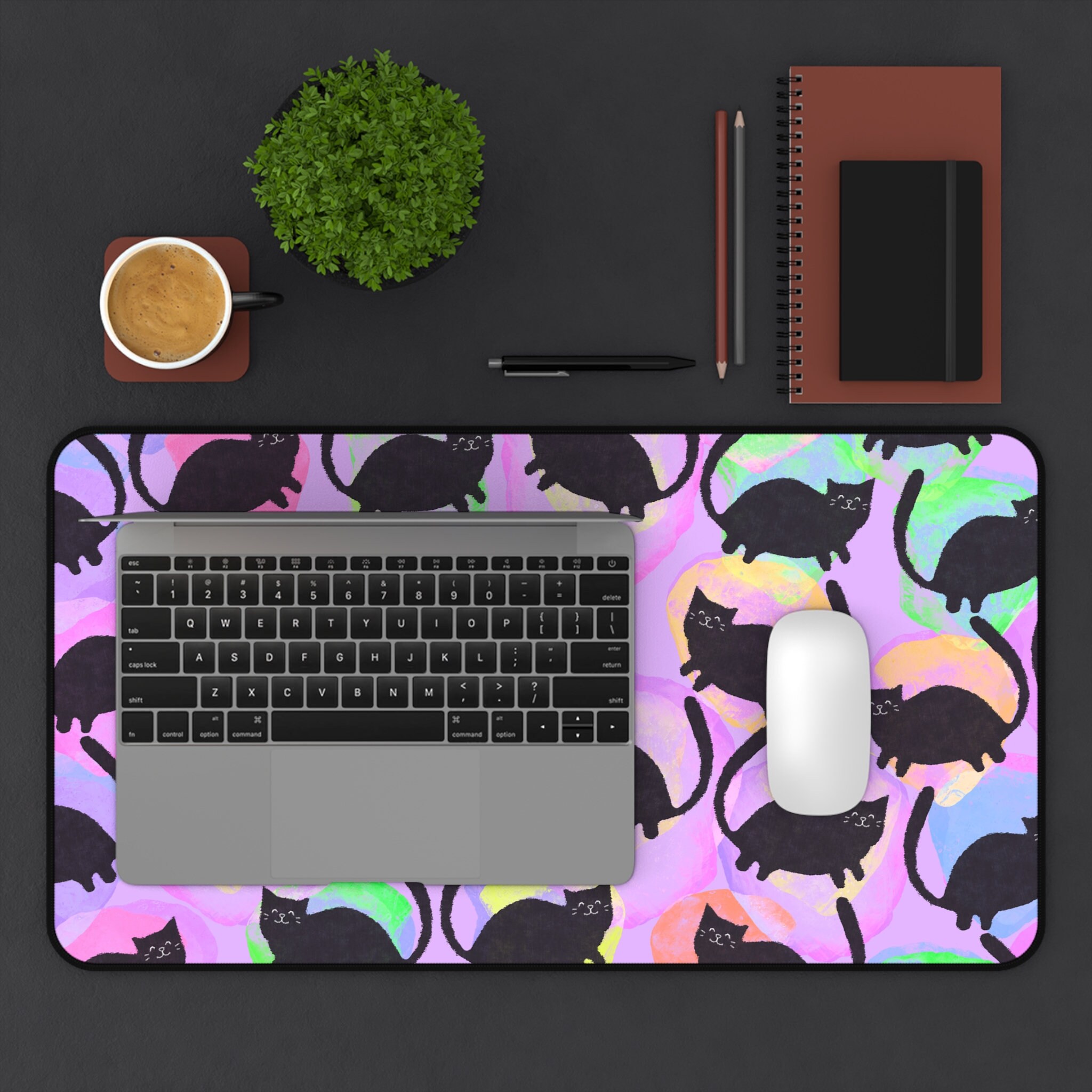 Black Cat Desk Mat Long Desk Pad for Gaming Home Office Decor Work ...