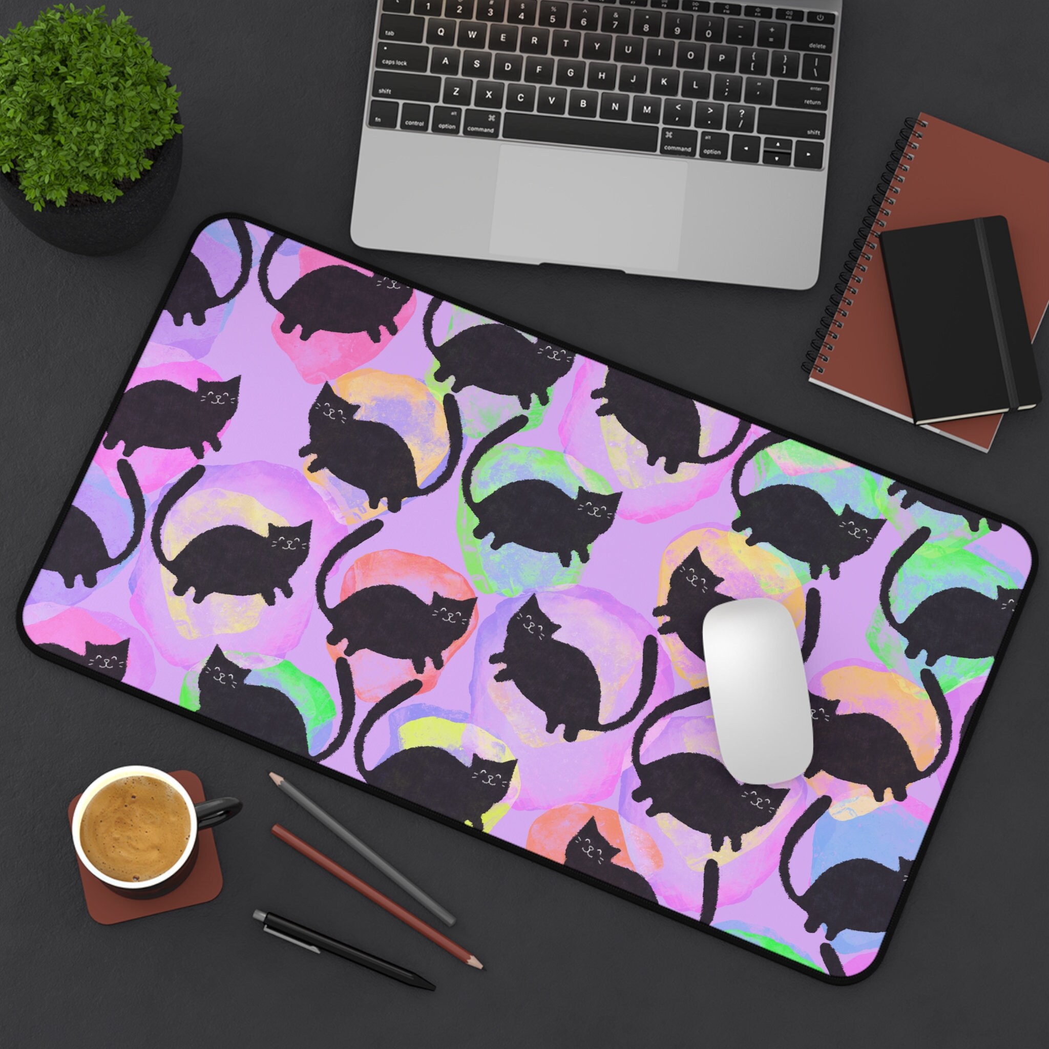 Black Cat Desk Mat Long Desk Pad for Gaming Home Office Decor Work ...